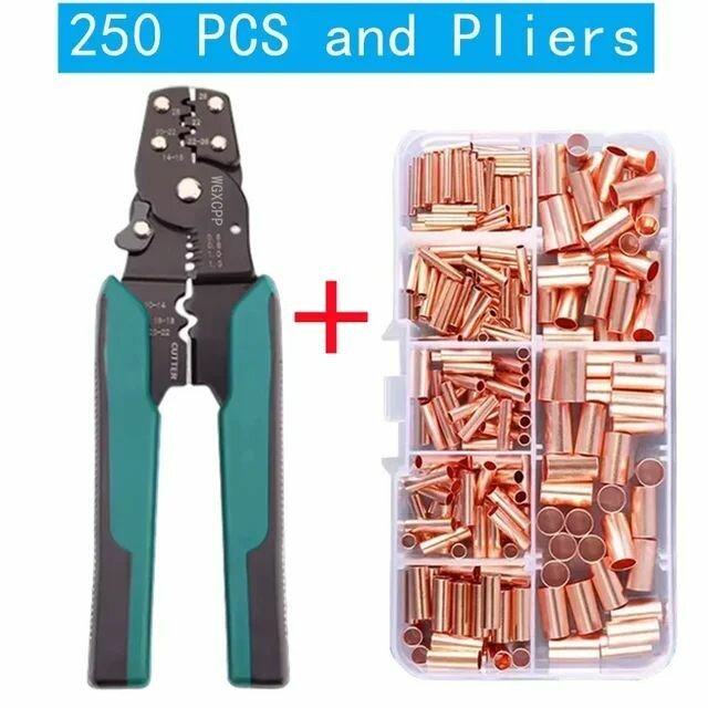 Гильза медная электромонтажная 12 мм для соединения углеродного нагревательного кабеля,6 размеров,250 шт. и пара подходящих плоскогубцев