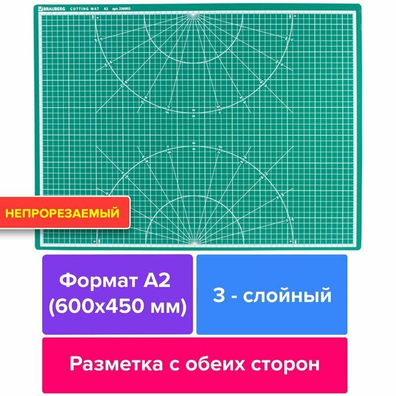 Коврик (мат) для резки BRAUBERG 3-слойный, А2 (600х450мм), двусторонний, толщина 3мм, зеленый
