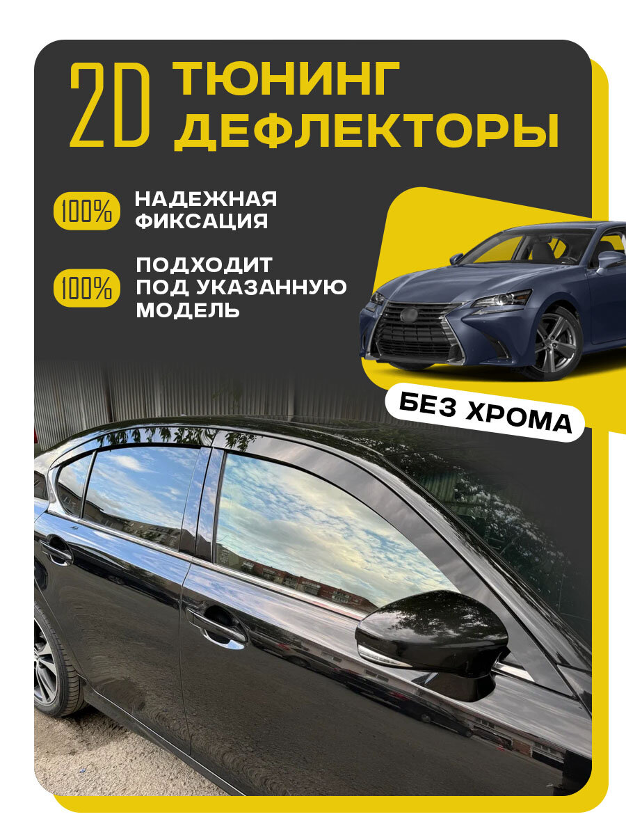 Плоские тюнинг дефлекторы для Lexus GS IV (2011-2020) (GS250, GS350, GS450h) 4 поколение / Ветровики на Лексус ГС / 2d дефлекторы. Комплект 4 шт.