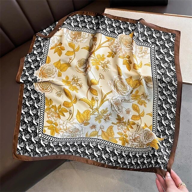 70 см квадратный дизайнерский шарф с принтом золотой розы, женские шелковые шарфы, роскошная бандана, хиджаб, шейный платок, шаль, повязка для волос, платок