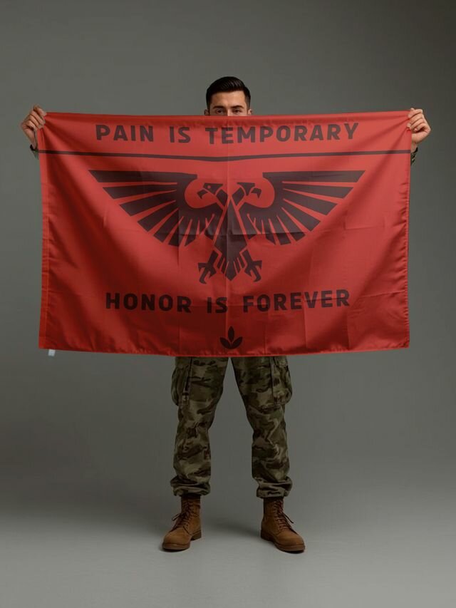 Флаг Имперская Аквилa Боль временна, честь вечна. Pain is temporary, Honor is forever Вархаммер Warhammer 40к, 90х135 см на шёлке для ручного древка