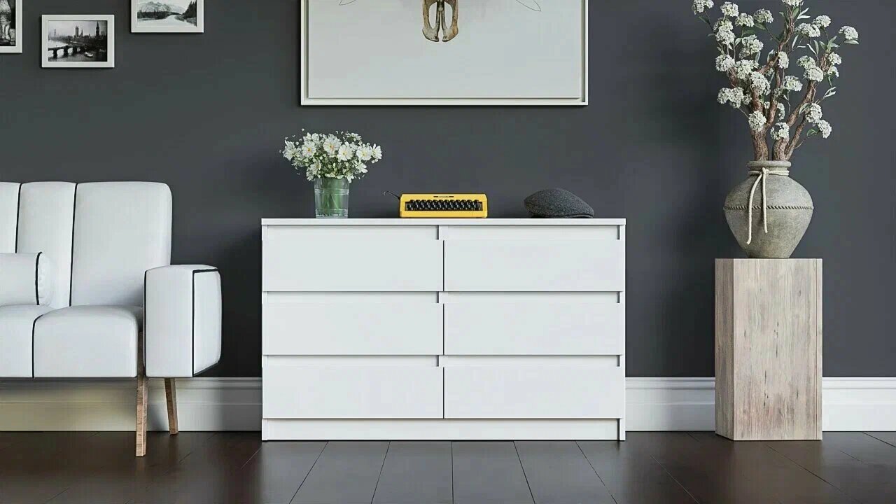 Комод для одежды и вещей Мори, 6 ящиков, в спальню для белья, напольный, белый 1380 мм