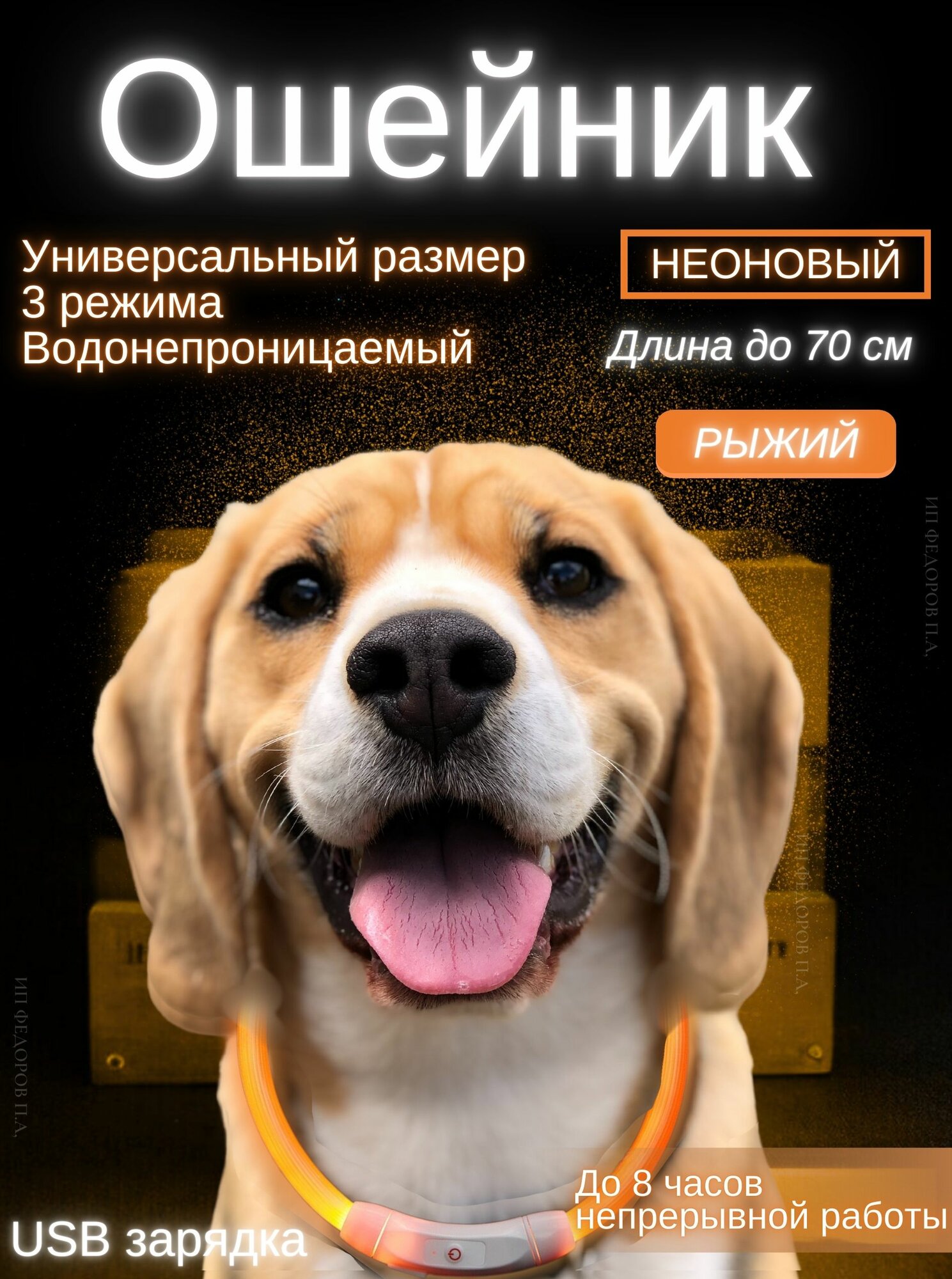 Светящийся ошейник для собак, регулируемый размер, Оранжевый