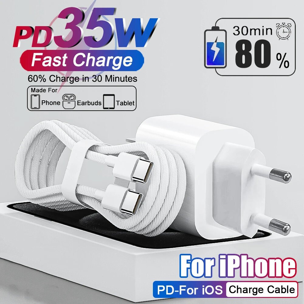 Быстрое Зарядное Устройство USB-C PD 35 Вт Для iPhone 17 16 15 14 13 12 11 Pro 8-14 Series Cable 1M