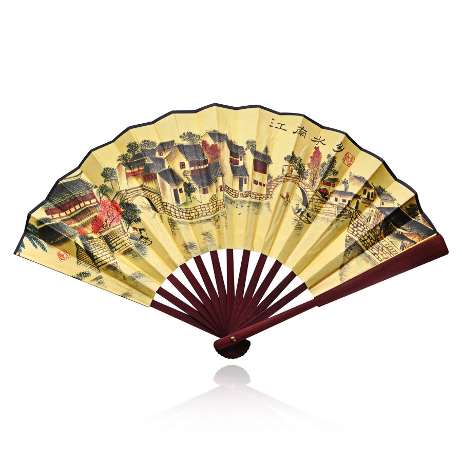 Деревянный веер, Деревня VR007-30 (ткань, дерево, длина 26,5 см.), 1 шт.