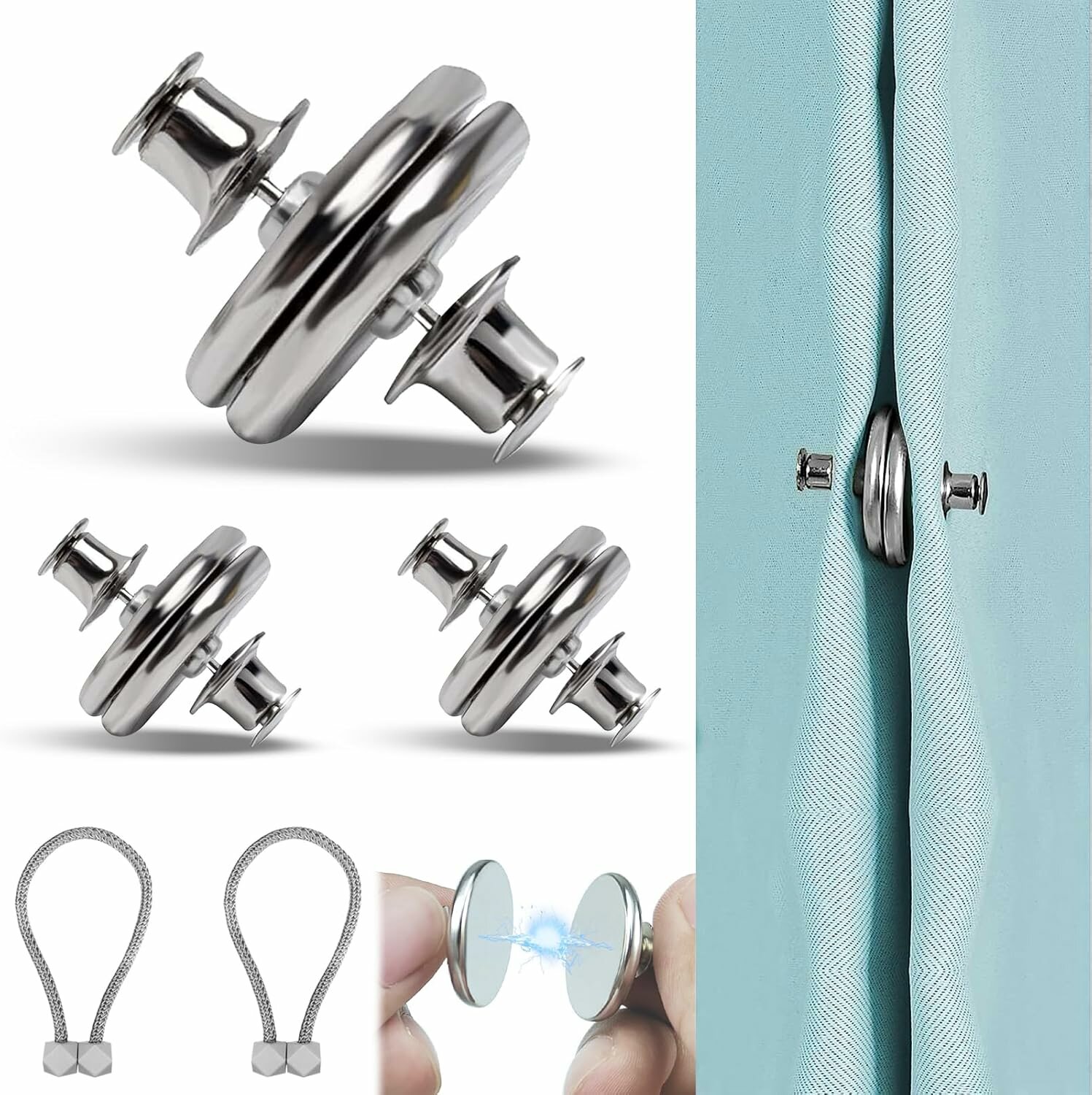 4 пары магнитных фиксаторов, включая 2 фиксатора для занавесок, подходят для занавесок для душа и скатертей