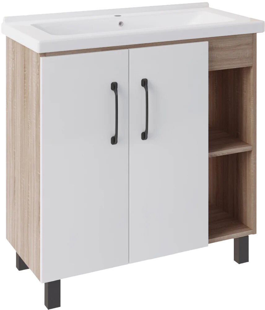 Тумба с раковиной ASB-Mebel Адель 80 80, 5 см, белая, светлое дерево, глянцевая, из МДФ, с дверками, раковина для ванной, фарфоровая, прямоугольная