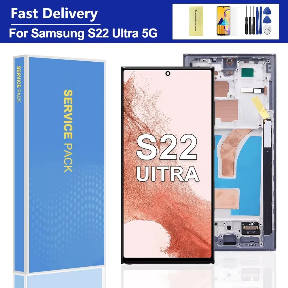 Для Samsung S22 Ultra 5G Замена дисплея ЖК-дисплея с цифровым преобразователем US Sliver Frame