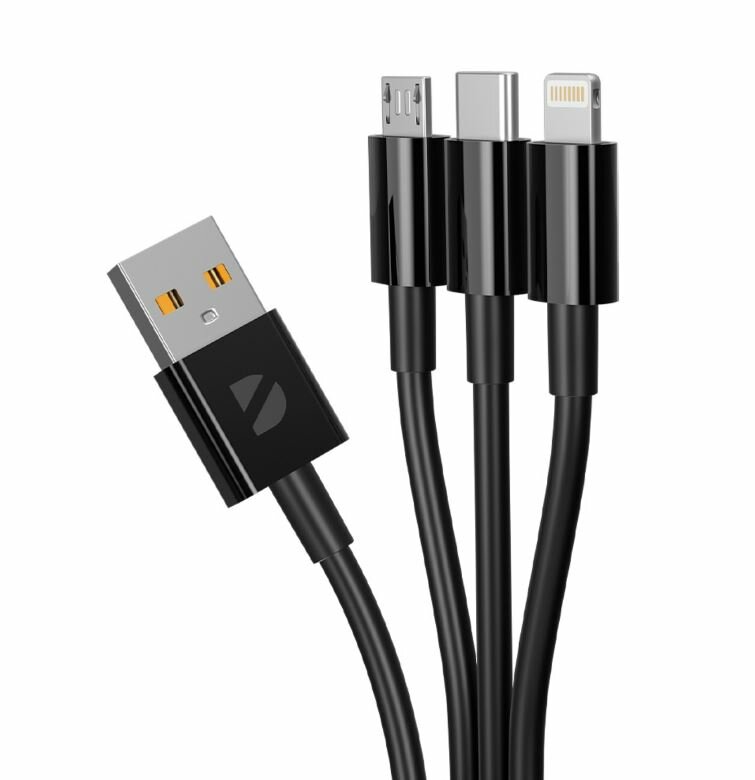 Дата-кабель 3 в 1: micro USB, USB-C, Ligthning, алюминий, черный, 1.2м, Deppa 72544