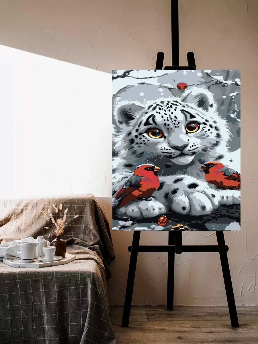 Картина по номерам Снежный Барс Ирбис Животное Птички
