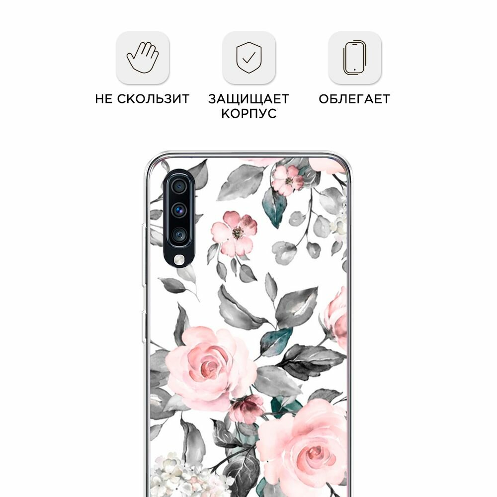 Чехол на Samsung Galaxy A70 / Самсунг Галакси А70 с принтом "Розы на белом" — фото 1