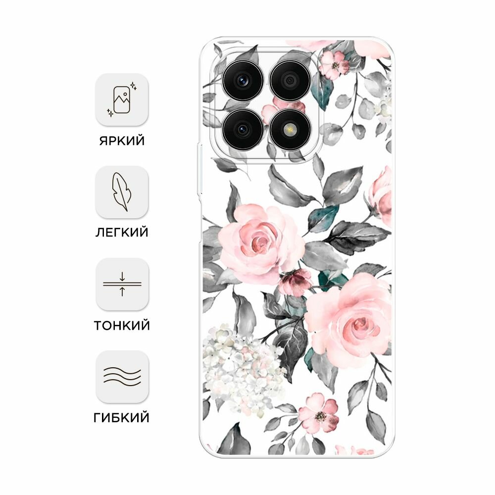 Силиконовый чехол на Honor X8A / Хонор X8A с принтом "Розы на белом" — фото 1