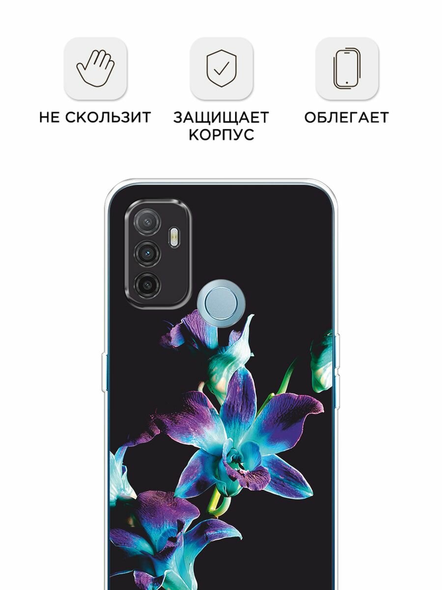 Чехол на Oppo A53 / Оппо А53 с принтом "Синий цветок на черном" — фото 1