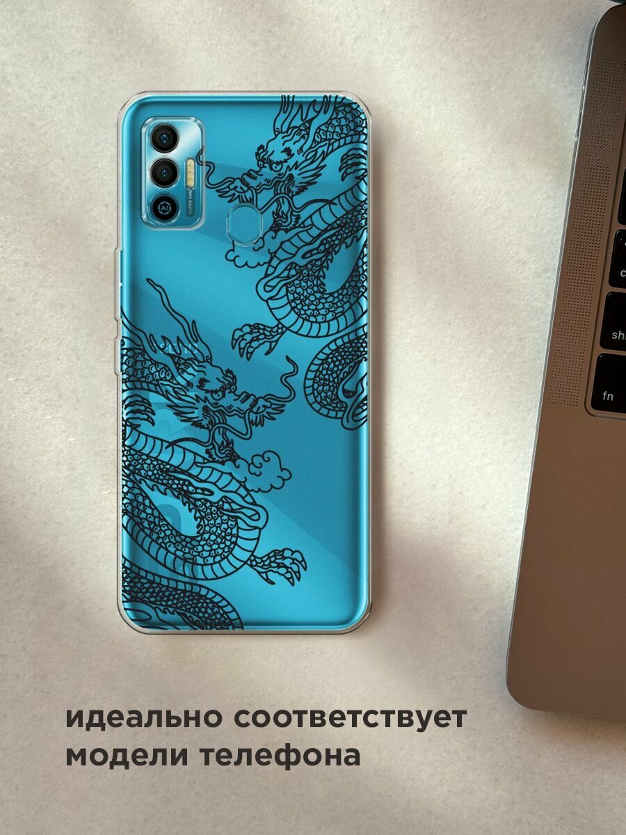 Чехол на Tecno Spark 7 / Техно Спарк 7 с принтом "Два китайских дракона", прозрачный — фото 1