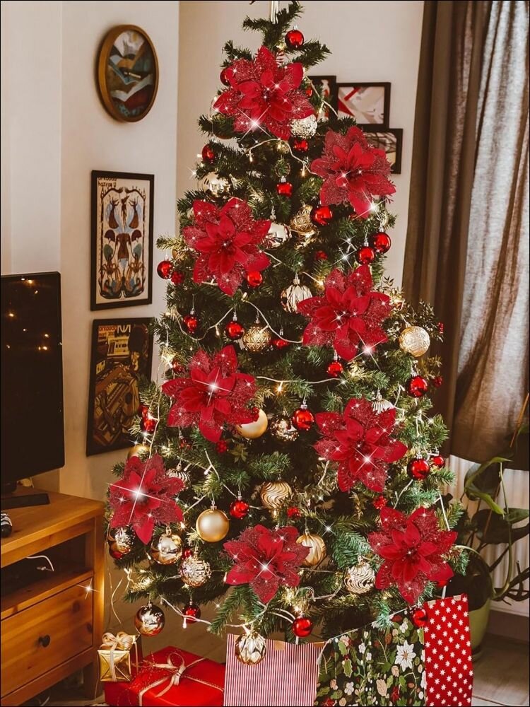 Елочные украшения "Цветы", текстиль, 14см, декор, красные, 10 штук