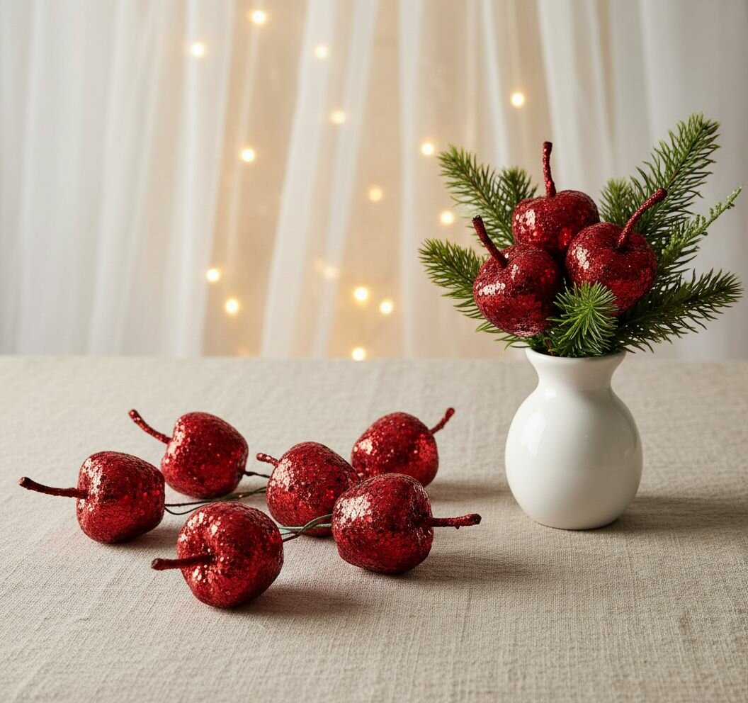 Яблоко блестящее, декоративное на металлической ножке. Цвет красный. 10 шт