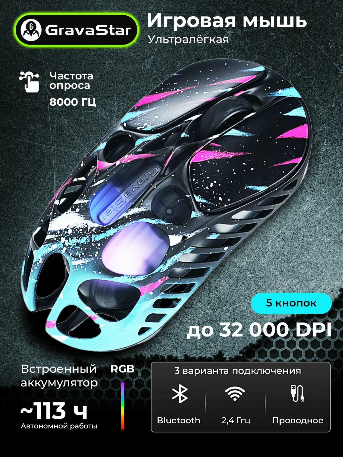 Беспроводная мышь компьютерная Gravastar Mercury X Pro CG BLK с подсветкой