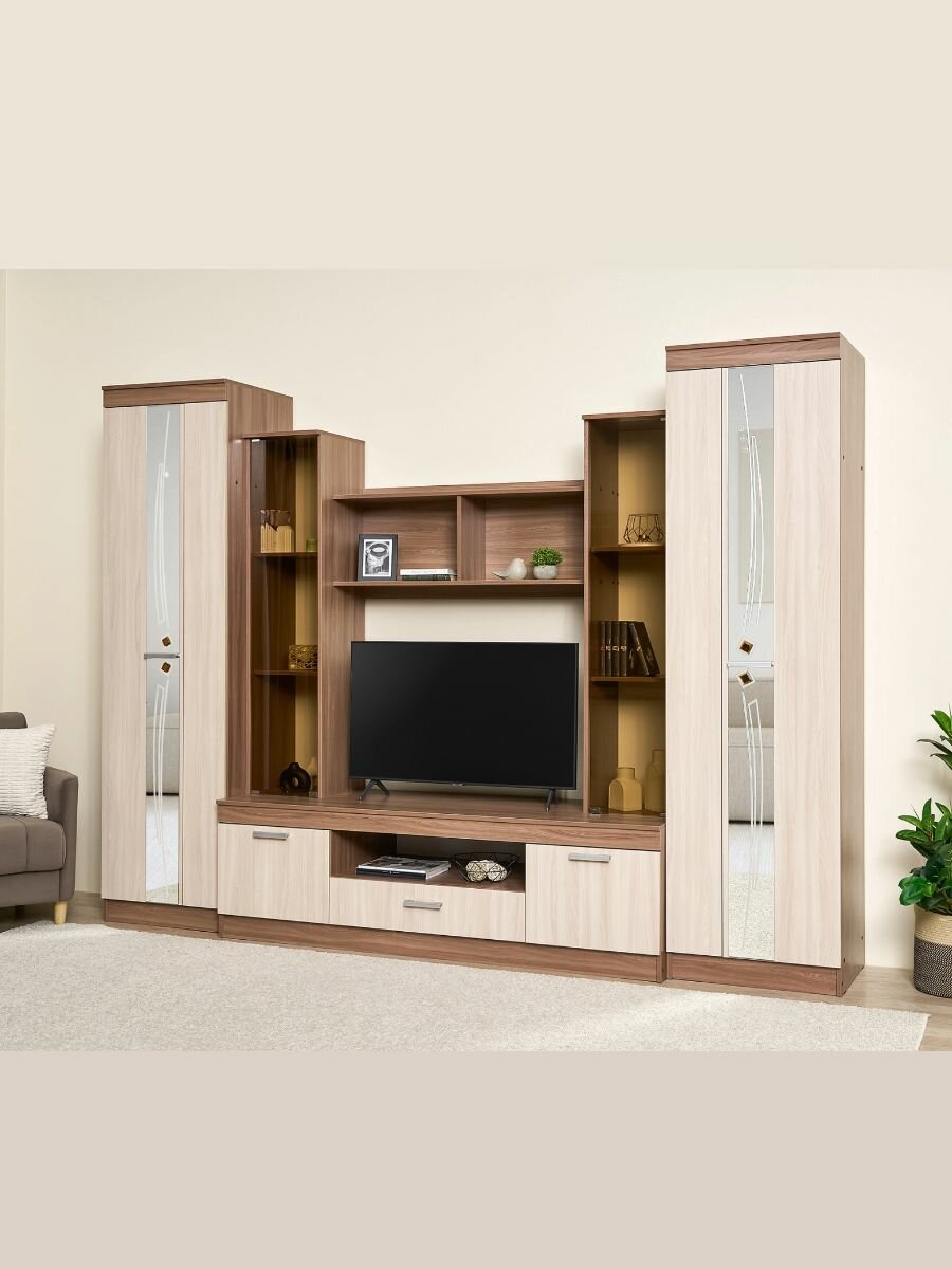 Гостиная Атлантида 2 ЛДСП 3000х2216х594, Ясень шимо светлый/Ясень шимо темный, МИФ