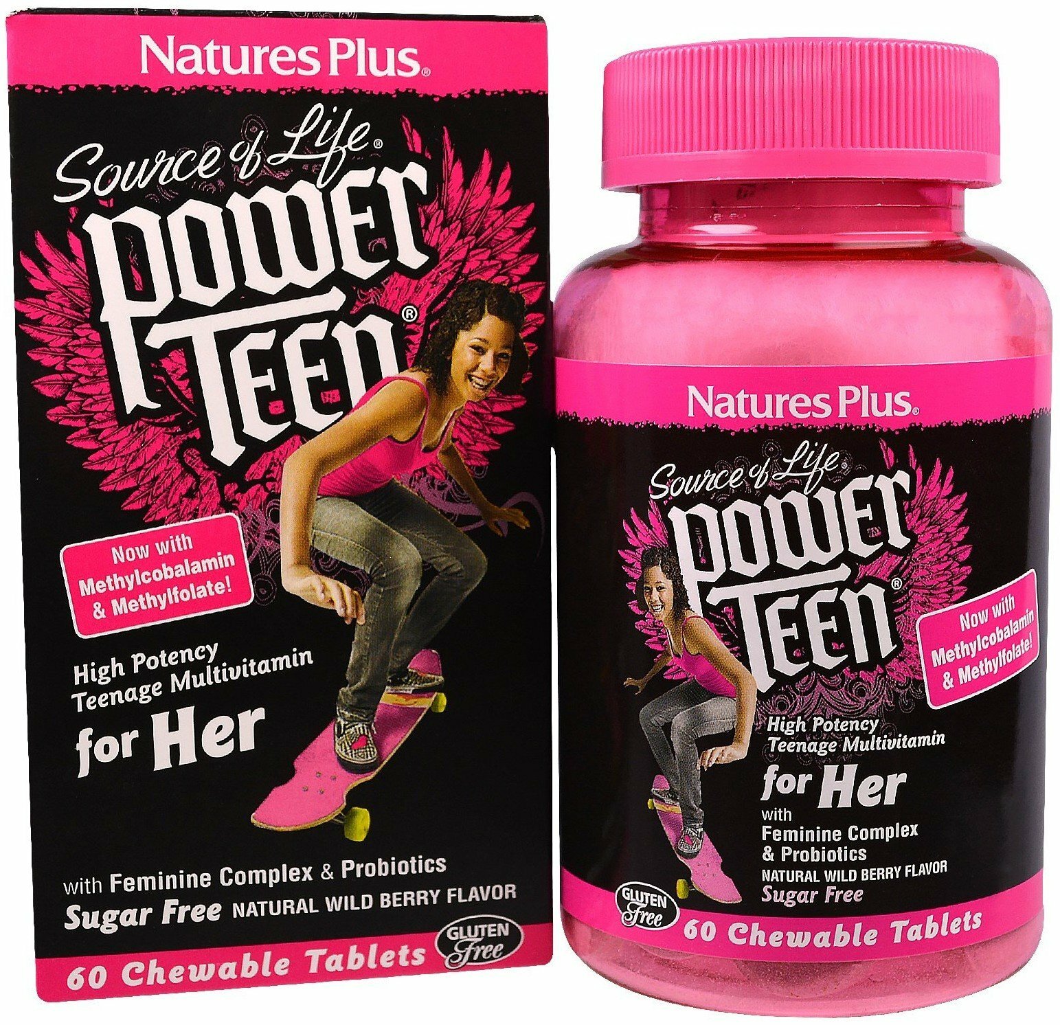 NaturesPlus Power Teen for her для девушек, натуральный вкус лесных ягод, 60 жевательных таблеток