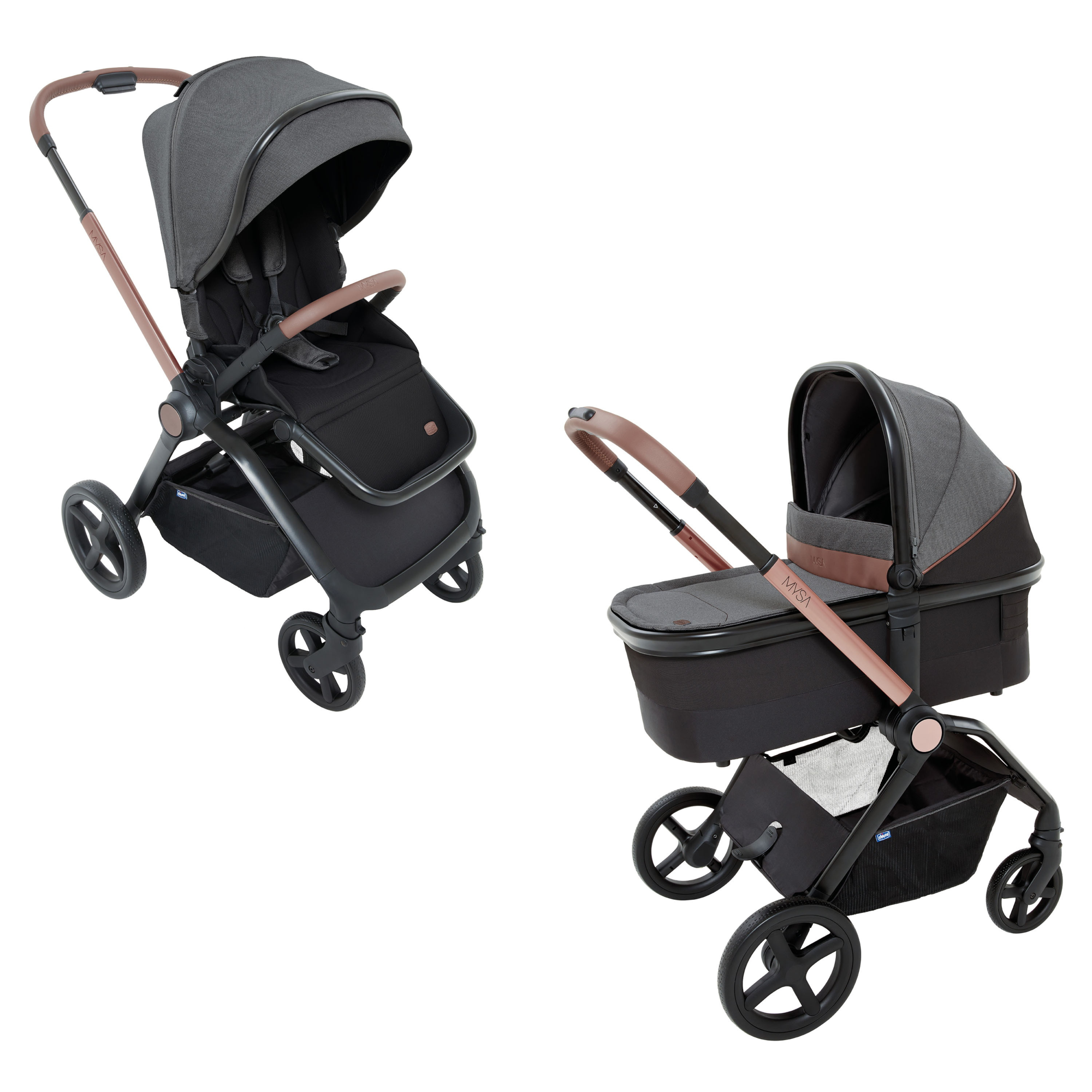 Коляска для новорожденных 2 в 1 Chicco MYSA BLACK SATIN с прогулочным блоком