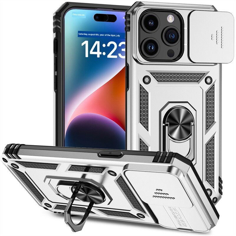 Чехол для iPhone 15 Pro сMilitary Window Style, технологический серебристый, противоскользящий, ударопрочный