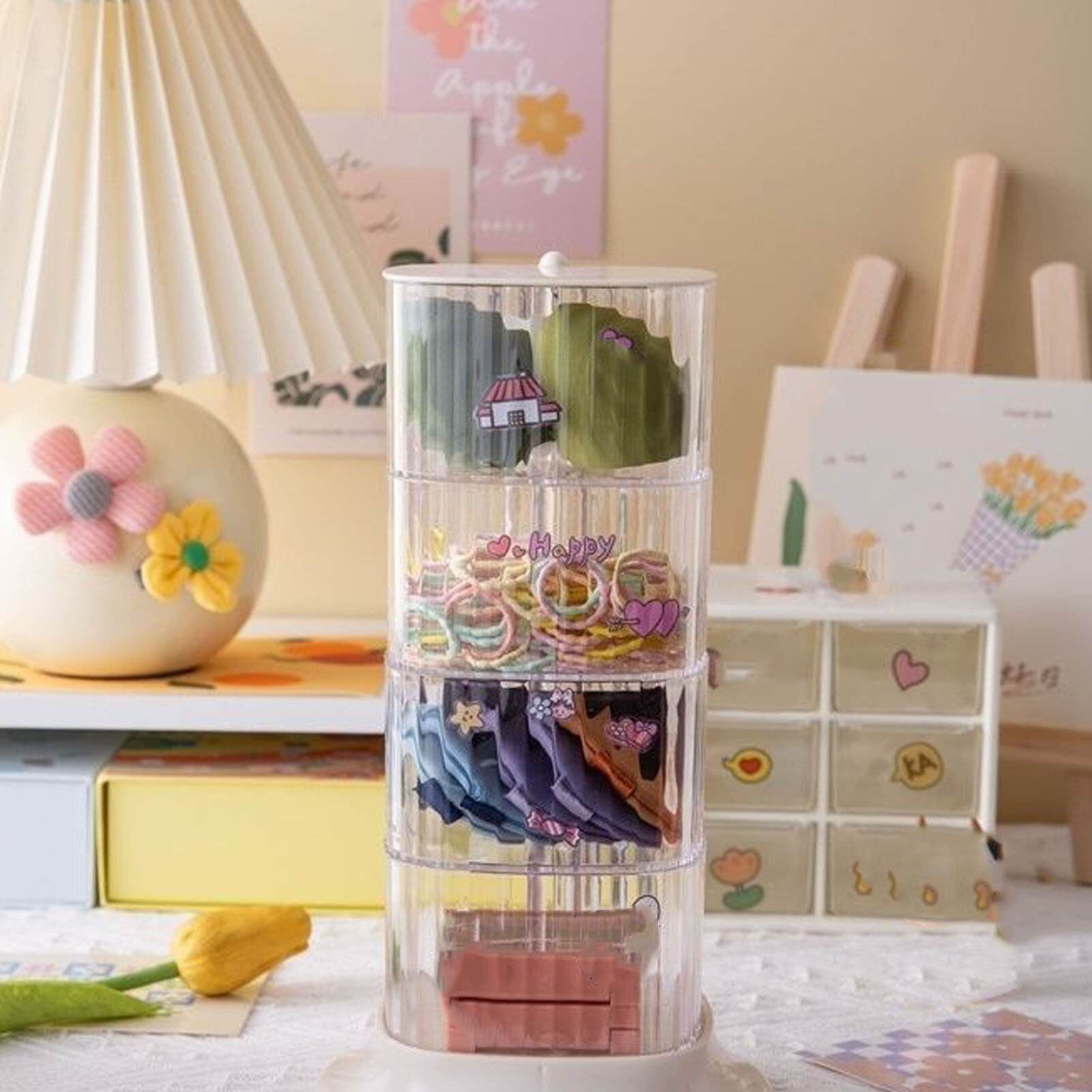 Коробка для хранения резинок для волос, многослойный настольный органайзер для девочек, пылезащитный прозрачный пластик