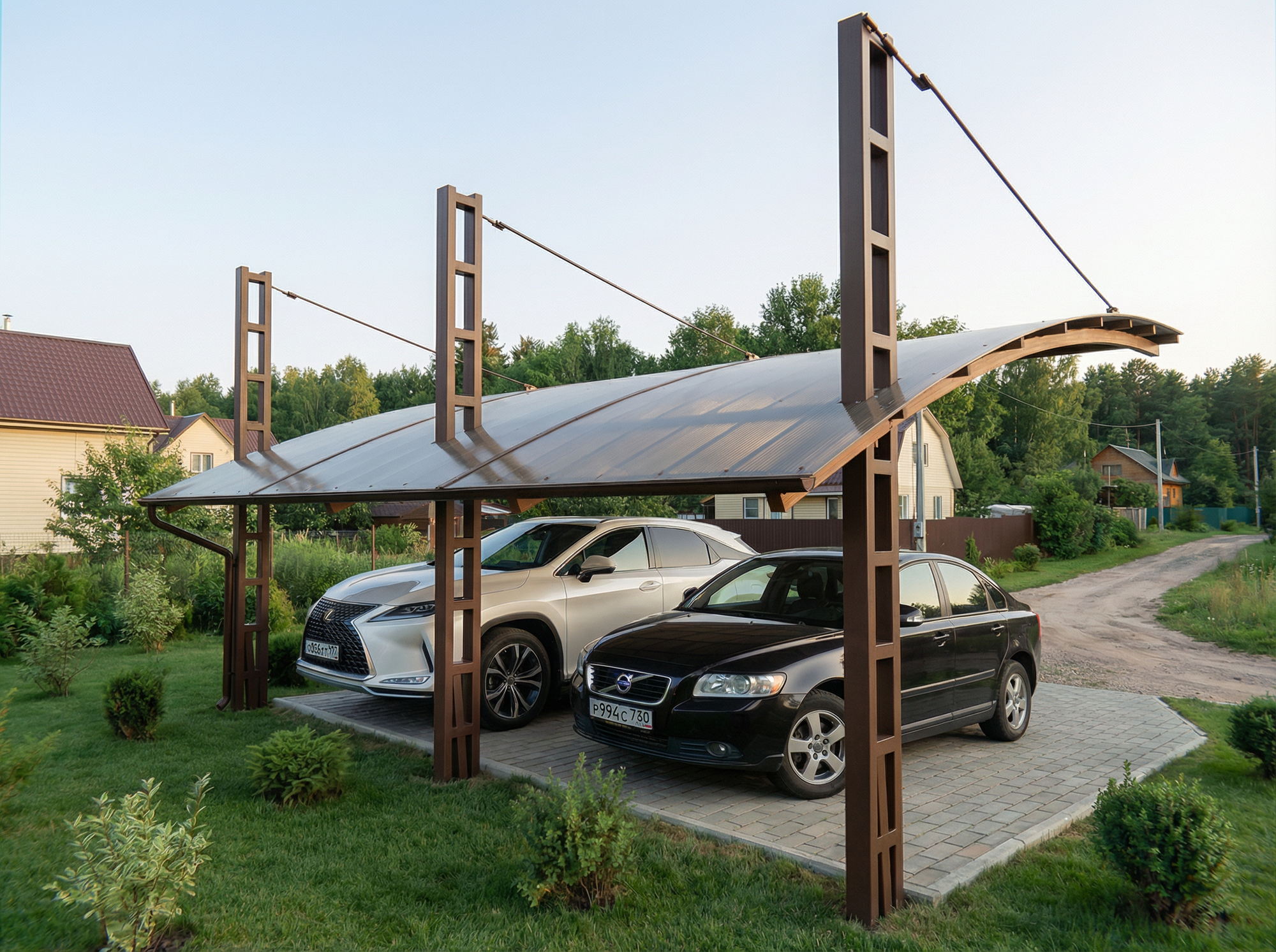 Автонавес консольный TEHNO ARL-A, поликарбонат НЕ входит в комплект, размер 3,85x7,4 м, цвет шоколад RAL 8017