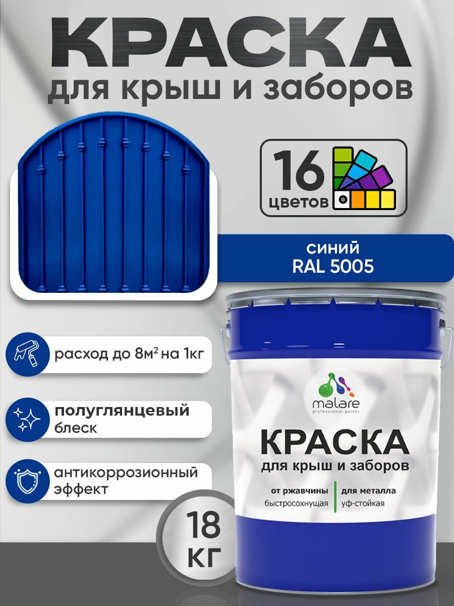 Краска по металлу Malare для крыш и заборов по ржавчине, для наружных работ, быстросохнущая износостойкая RAL 5005 синий, глянцевая, 18 кг