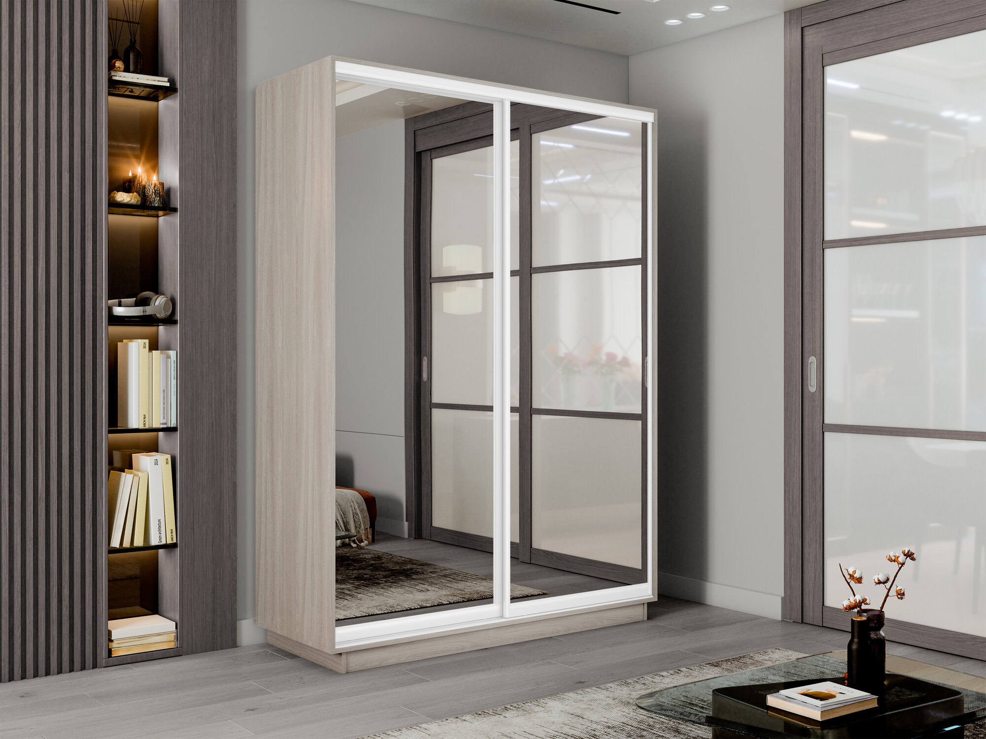 Шкаф купе Вилли 2-х дверный ЛДСП, зеркальные двери, профиль белый 120 см х 220 см х 45 см (Ясень шимо-светлый)