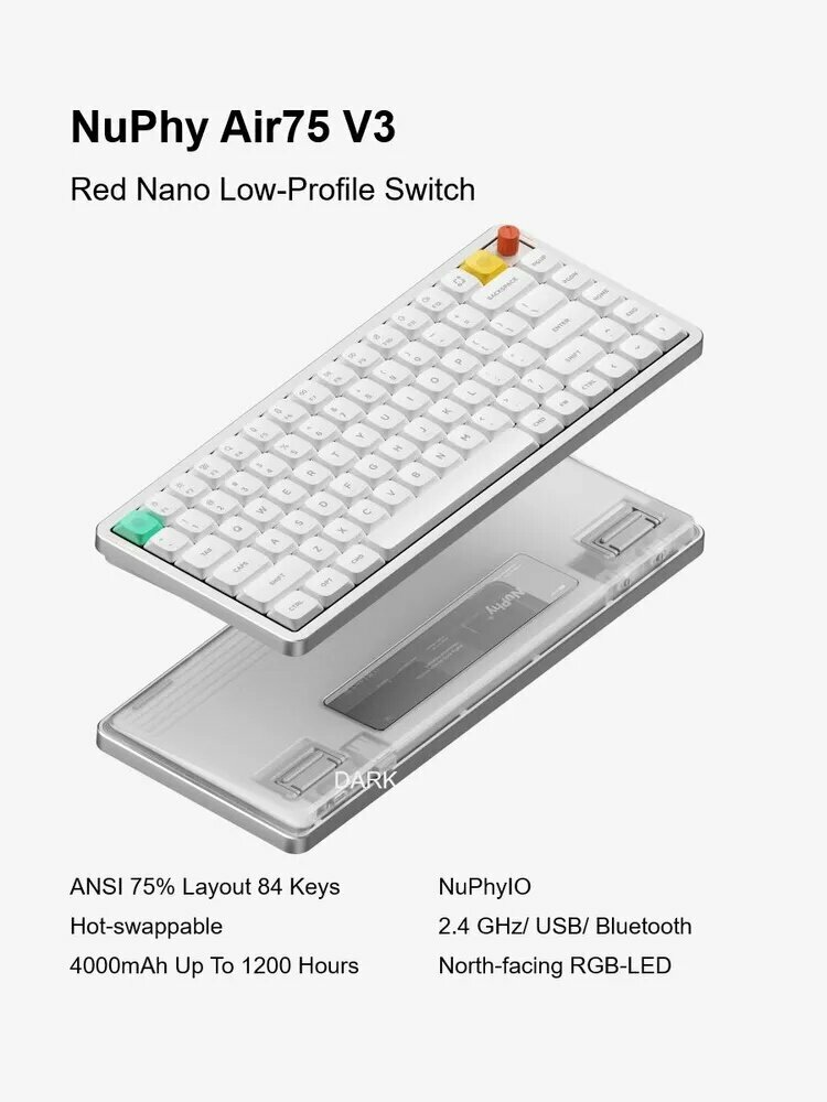 NuPhy Клавиатура беспроводная Air75 V3, Red nano, Английская раскладка, белый, хаки
