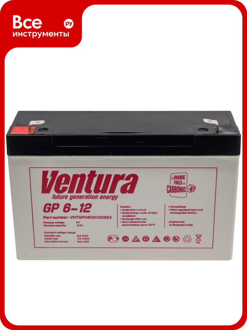 Аккумуляторная батарея 6 В, 12.1 А*ч Ventura GP 6-12, пластиковый, 12 Ач 6В технология AGM
