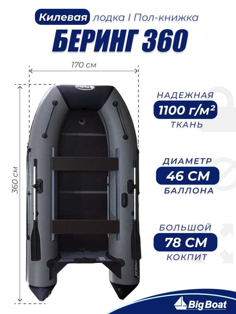 Надувная, под мотор, килевая лодка из ПВХ для рыбалки Bering (Беринг) 360К пол-книжка