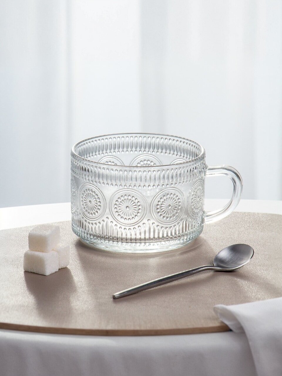 Стеклянная кружка Барокко 400 мл с рельефным узором, прозрачная чашка для чая и кофе, подходит для СВЧ и ПММ