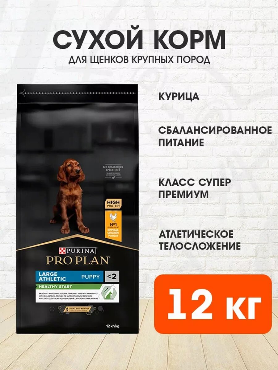 Корм сухой Pro Plan Healthy Start Puppy Large Athletic для щенков крупных пород с атлетическим телосложением, курица, 12 кг