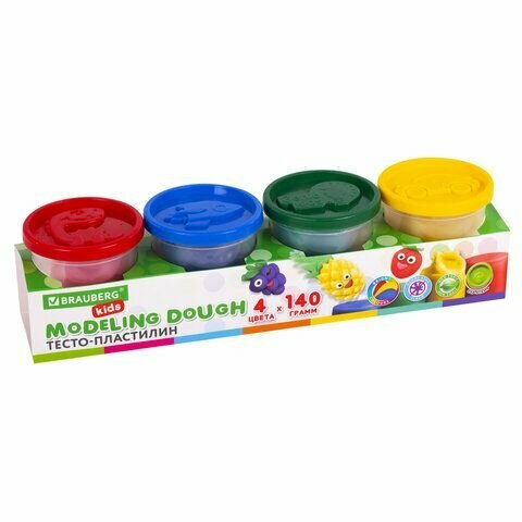 3 шт. Пластилин-тесто для лепки BRAUBERG KIDS, 4 цвета, 560 г, яркие классические цвета, крышки-штампики, 106715
