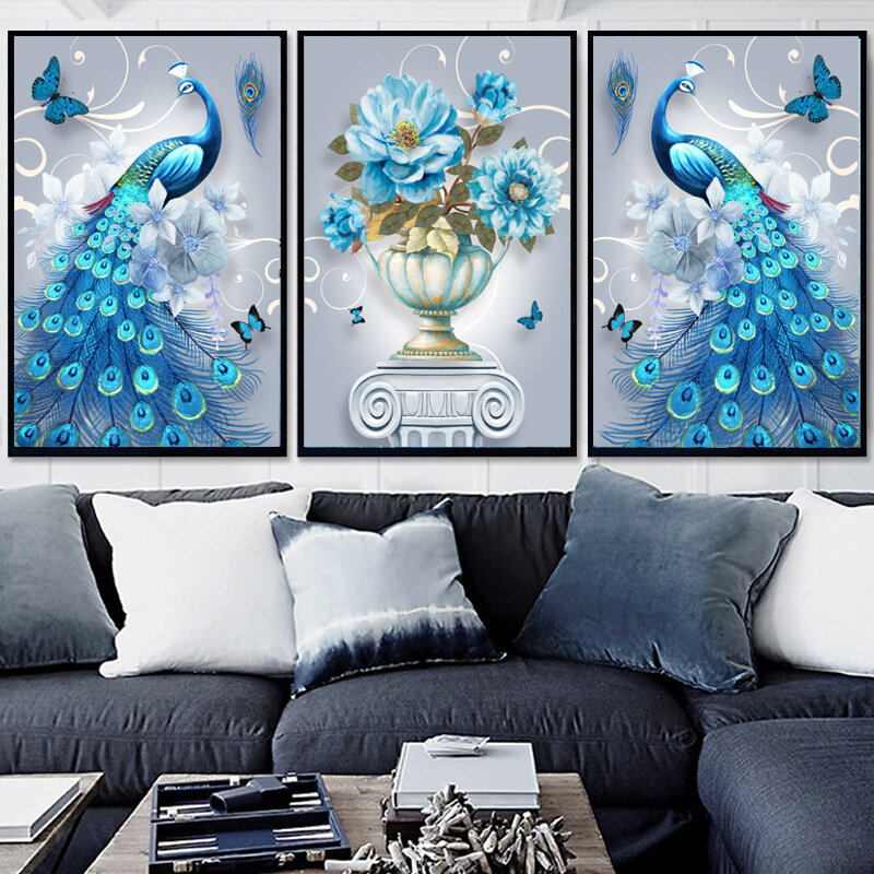 Вышивка крестом 2022 Новая алмазная вышивка 5D Алмазная живопись Полный алмаз Гостиная Павлин Триптих Полная точка алмаза Кирпичный камень Шоу