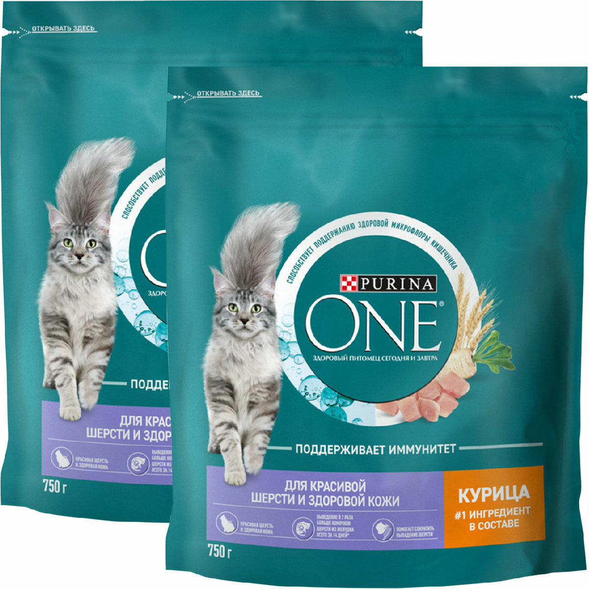 Корм сухой Purina One для взрослых кошек с чувствительной кожей и шерстью, курица и злаки, 0,75 кг х 2 шт