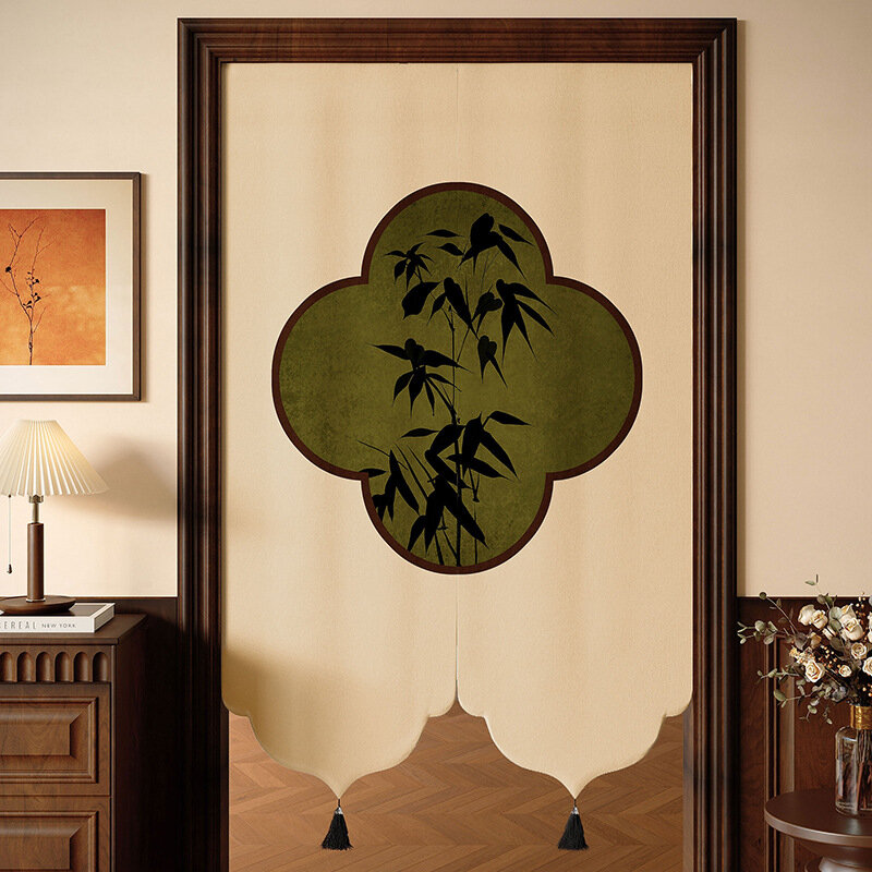 Занавеска для двери в новом китайском стиле, секционная с карнизом, без сверления, с принтом бамбукового птичьего стиля, перегородка