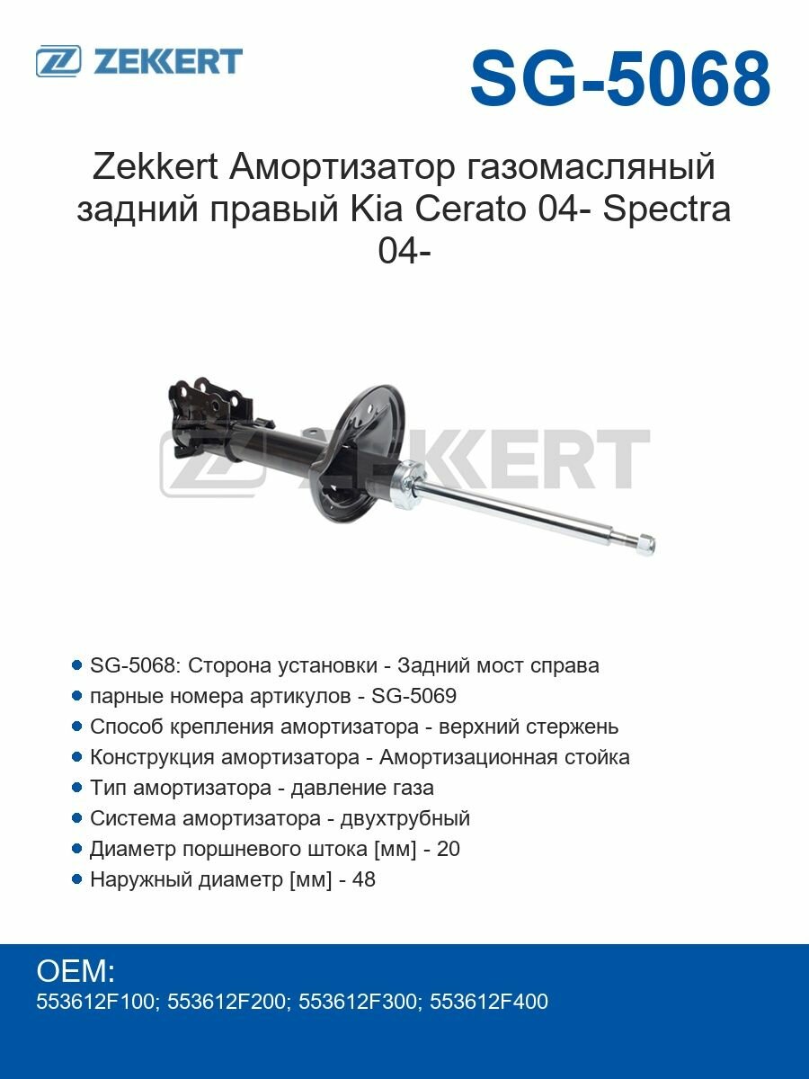 Zekkert Амортизатор газомасляный задний правый Kia Cerato 04- Spectra 04-