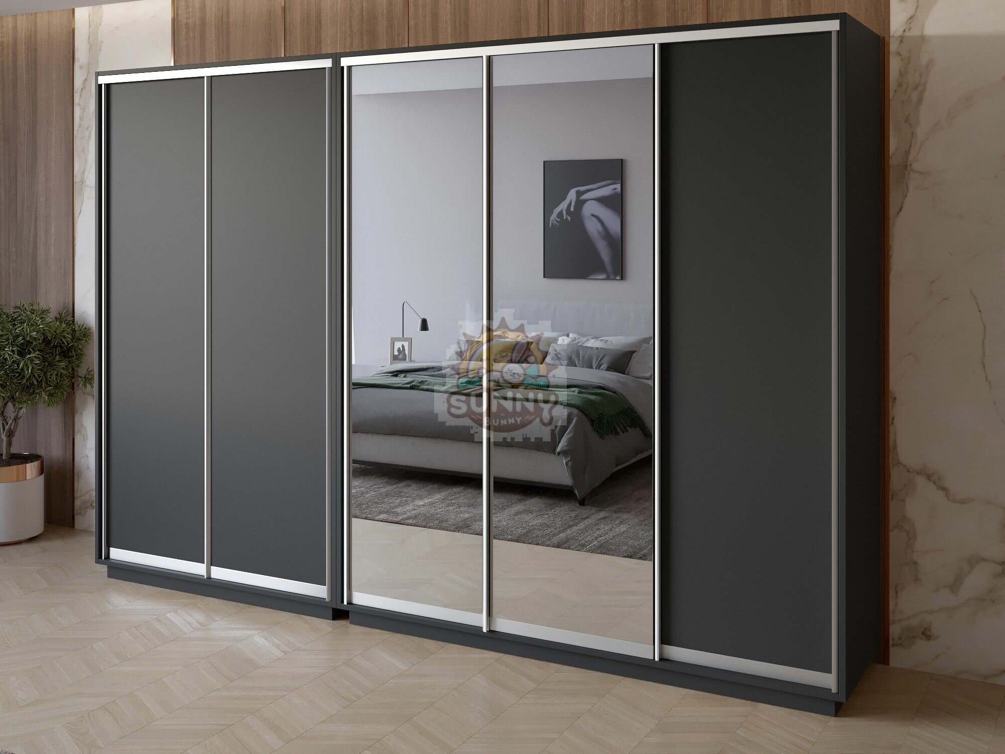 Шкаф-купе Вилли 5-ти дверный модульный (2+3) ЛДСП-3/Зеркало-2, профиль серебро, 300х60х240 см. Серый диамант