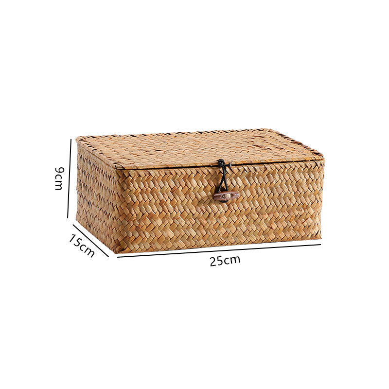 Складной коробка из соломы с крышкой, оранжевый, малый размер 25x15x8 см для стола, домашнее оформление, ручная работа