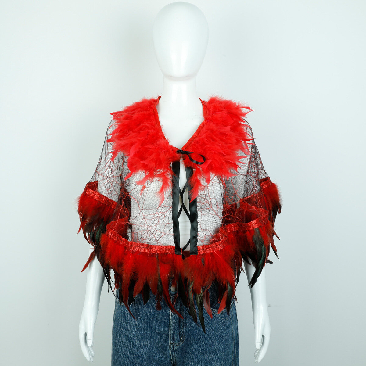 2026 Готический стиль кружевной сетчатый плащ с перьями для сценических шоу, аксессуары для костюмов на Хэллоуин