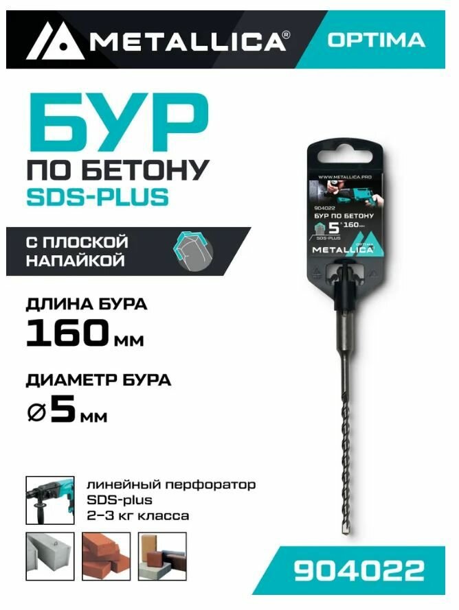 Бур по бетону SDS-plus METALLICA Optima 5х160/100 мм, 2 спирали