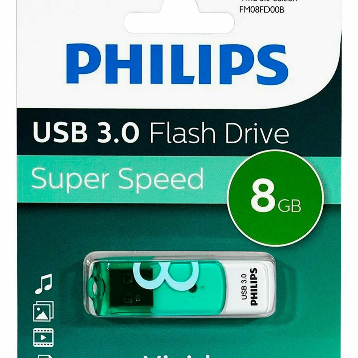 Флеш-память USB 8Gb Philips VIVID, разъем USB 3.0, зеленый (FM08FD00B/97)