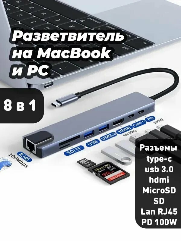 USB разветвитель 8 в 1 USB HUB Type C док станция Usb 3.0 хаб 3 0 переходник концентратор адаптер thunderbolt 4k Hdmi RJ45 TF SD картридер для ноутбука для макбука USB-2.0 Type-c