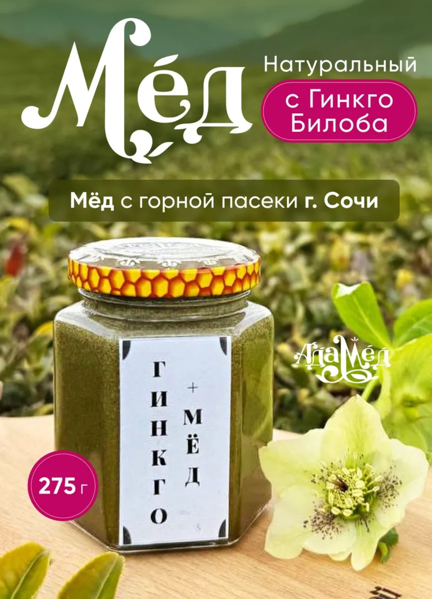 Натуральный кориандровый мёд с Гинкго Билоба, Адам чай, собственное производство г. Сочи, 275 г