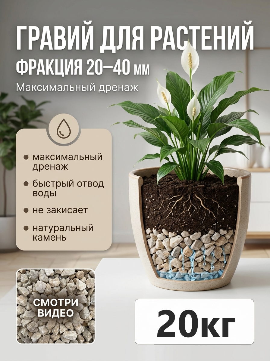 Дренаж для растений 20-40 мм, кварцевый гравий, очень крупная фракция, добавка в грунт, улучшает дренаж и воздухообмен, 20 кг