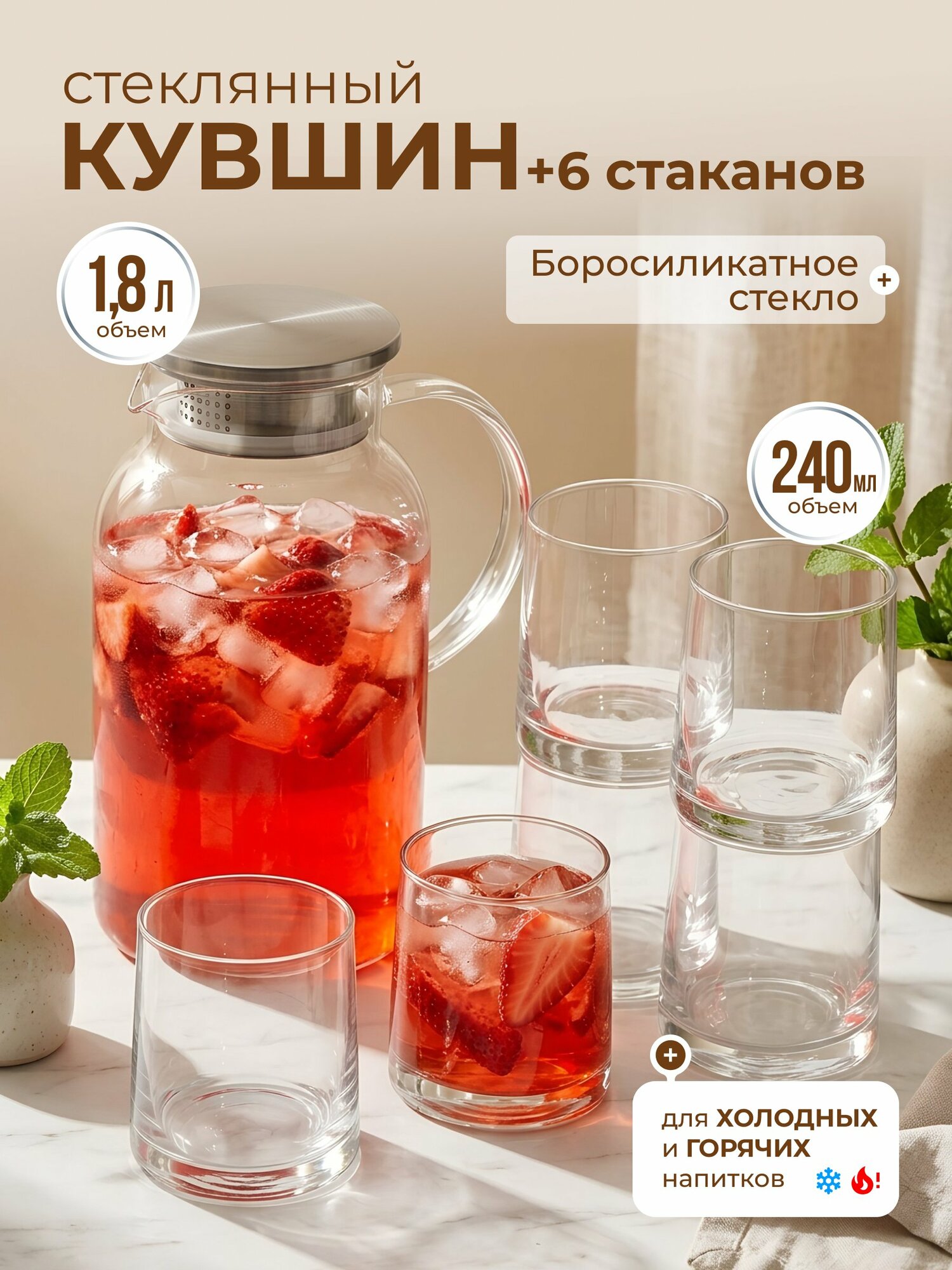 Набор для горячих и холодных напитков Кристальная дымка: стеклянный кувшин 1.8 л и 6 стаканов 240 мл из боросиликатного стекла.