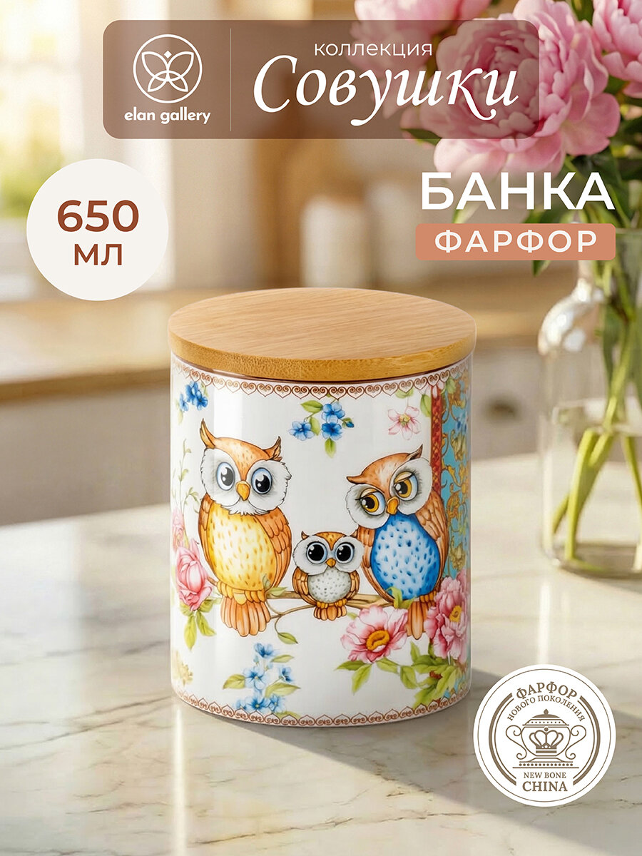 Банка для хранения сыпучих продуктов, соли, специй 650 мл Elan Gallery Совушки с крышкой с силиконовым уплотнителем