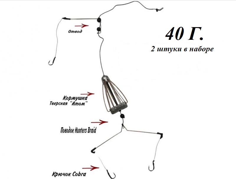 Монтаж фидерный "Атом" кормушка тверская 40 гр полностью оснащен в наборе 2 шт.